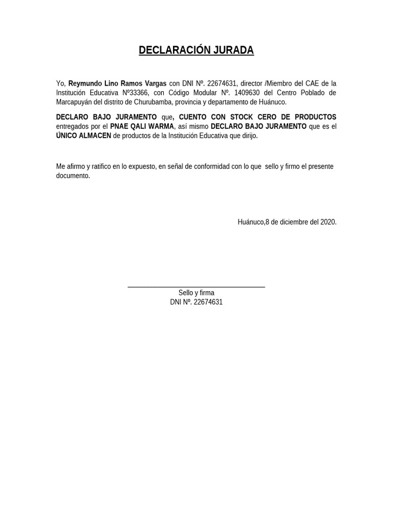 Declaración Jurada de Stock Cero PNAE | PDF