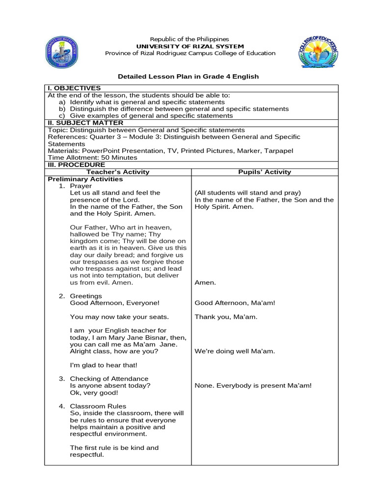 Detailed Lesson Plan in Grade 4 ENGLISH | PDF | Lord's Prayer