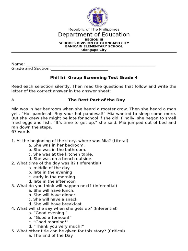 Grade 4 & 5 Screening Test Questions | PDF | Coral Reef | Sea