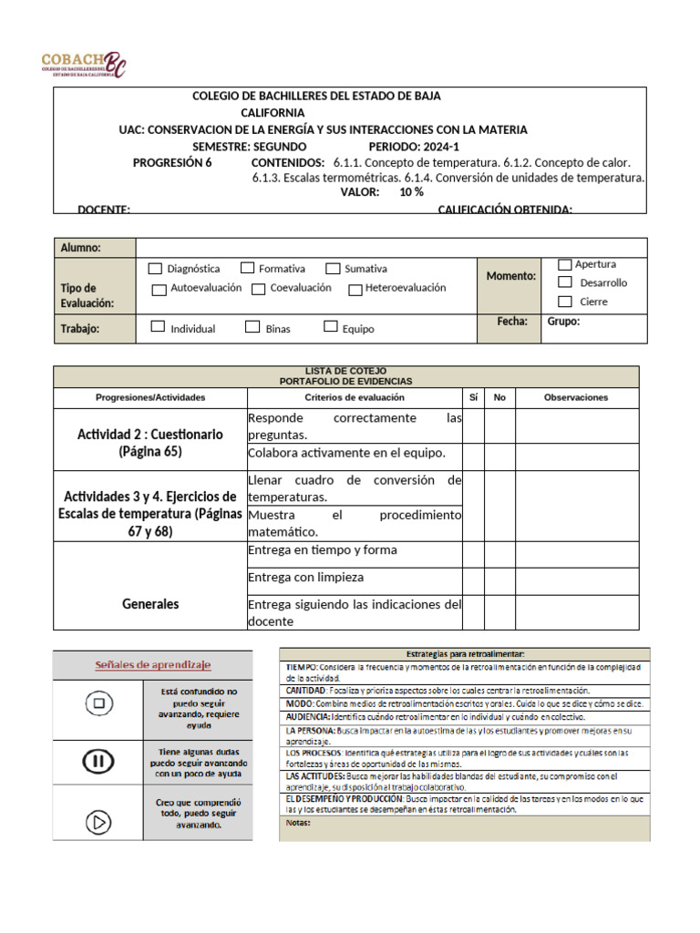 Lista de cotejo progresión 6 | PDF