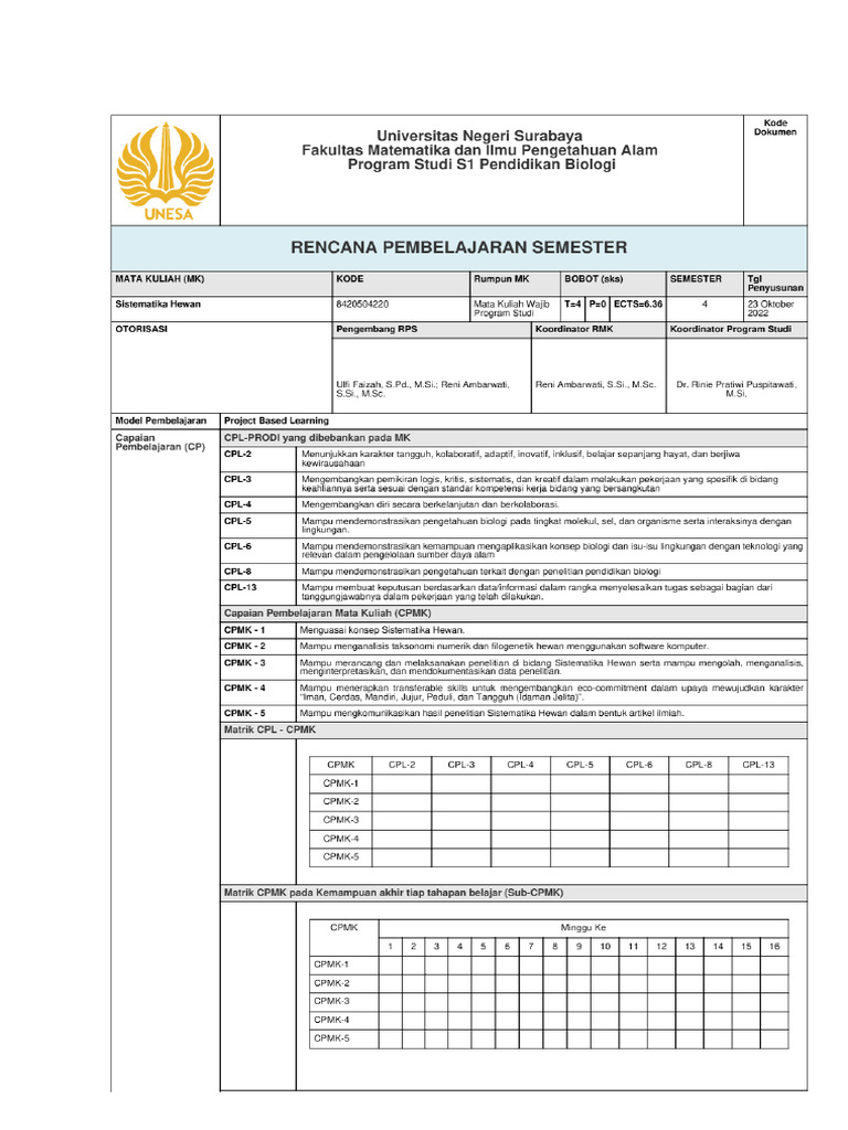 RPS Matakuliah Sistematika Hewan - S1 Pendidikan Biologi - Universitas Negeri Surabaya - RPS ...