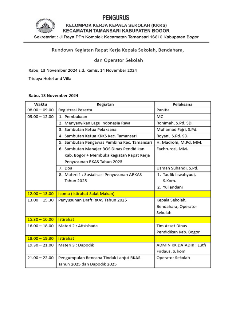 Rundown Kegiatan Rapat Kerja Kepala Sekolah | PDF