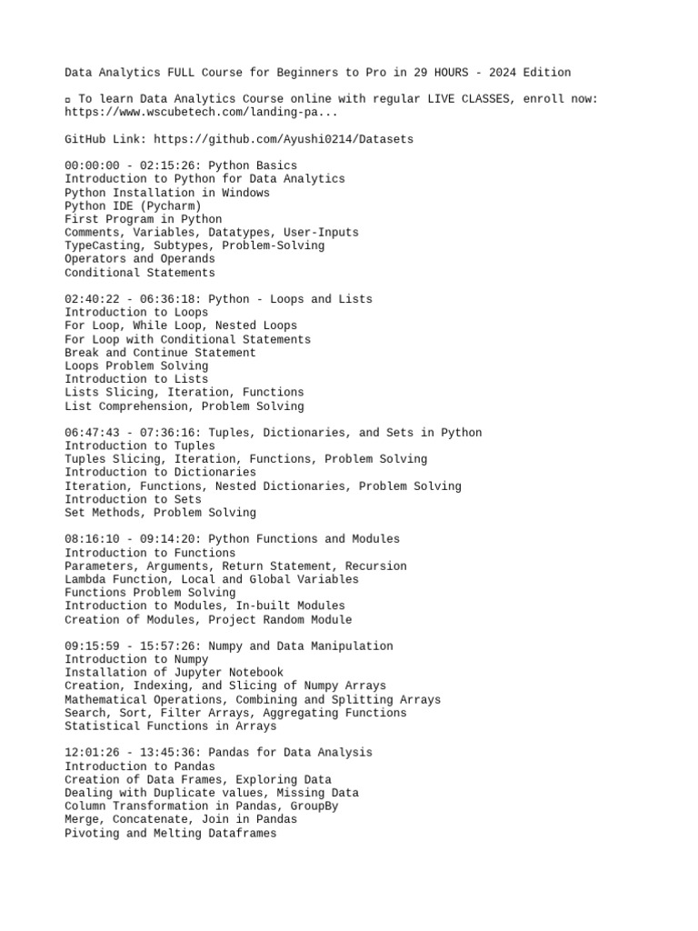 Data Analytics FULL Course For Begi | PDF | Python (Programming Language) | Microsoft Excel