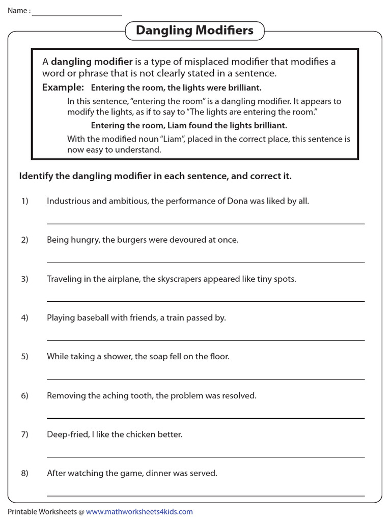 Worksheets - 7th Grade - Reading Writing - Editing Proofreading Dangling Modifier | PDF ...