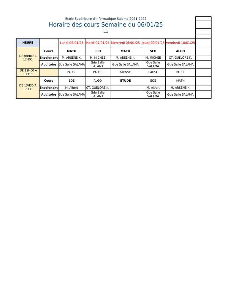 Horaire des Cours 2021-2022 ISC Salama | PDF