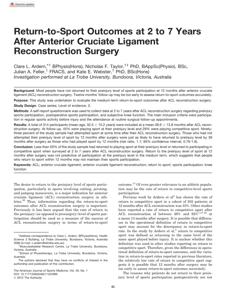 Return To Sport Outcomes at 2 To 7 Years After Acl Reconstruction ...