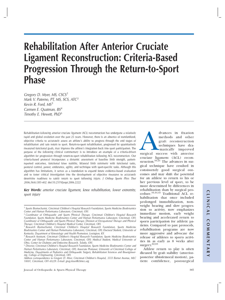 Rehabilitation After Acl Reconstruction Criteria Based Progression ...