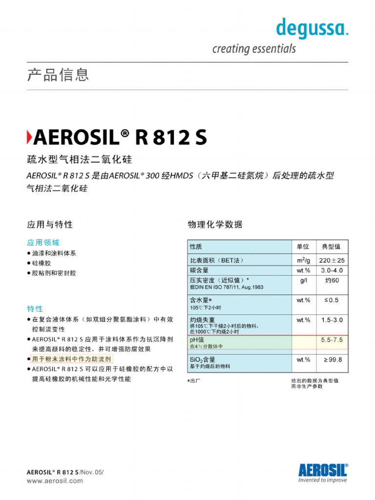 PI R812S（HMDS硅氮烷改性，pH5.5-7.5，BET220） | PDF