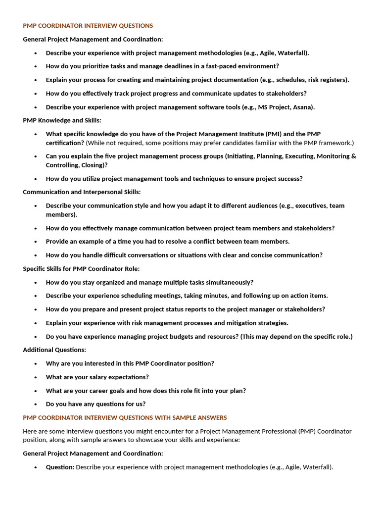 PMP Coordinator Interview Questions | PDF | Project Management ...
