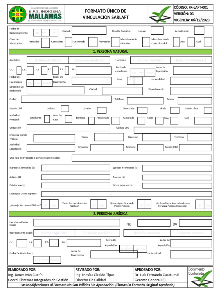 Formato de Vinculación SARLAFT 2023 | PDF