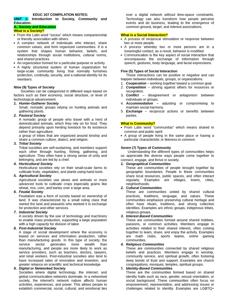 EDUC 107 Compilation Notes | PDF | Society | Institution