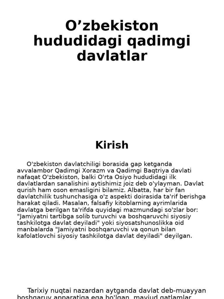O’Zbekiston Hududidagi Qadimgi Davlatlar | PDF