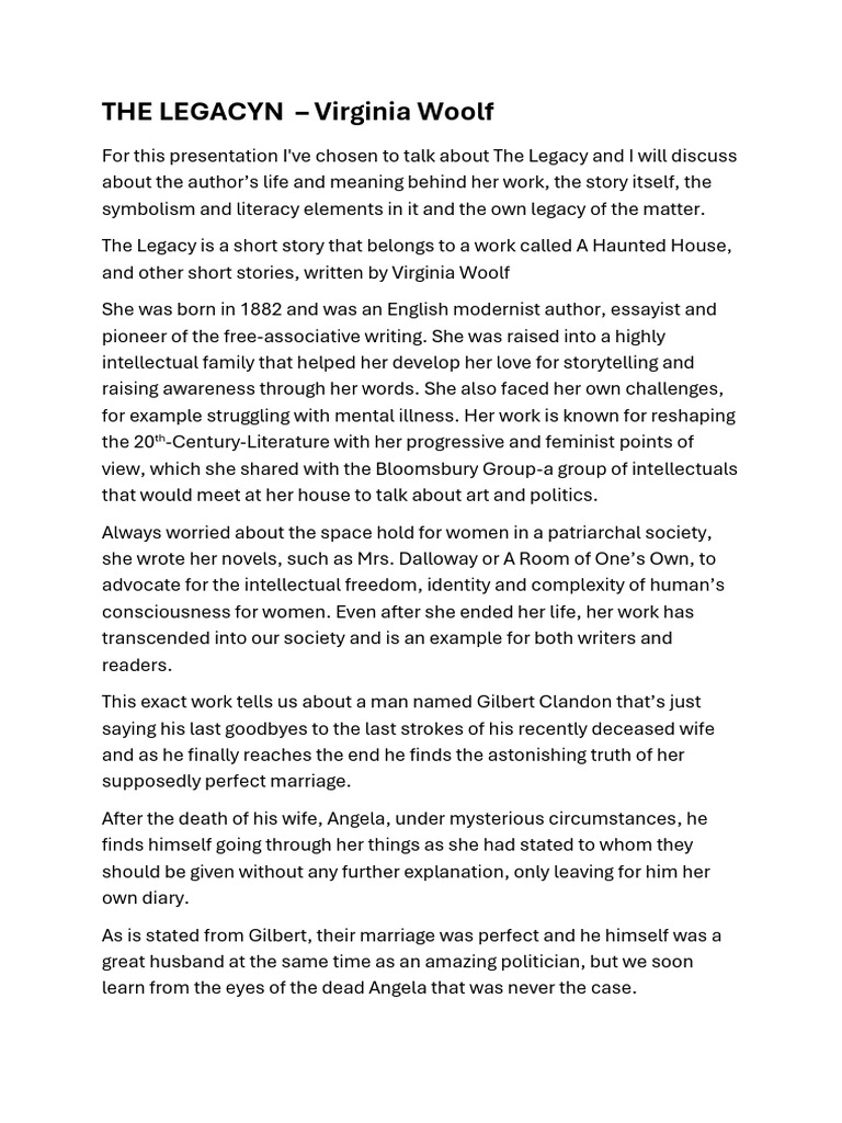 Feminist Insights in "The Legacy" | PDF | Virginia Woolf | A Room Of ...