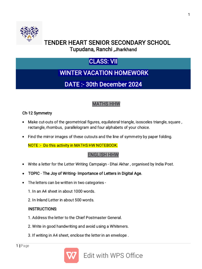 STD-7 Winter Vacation Homework (2024-25) | PDF