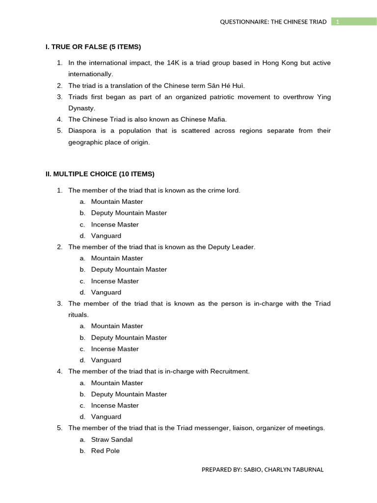 Questionnaire The Chinese Triad | PDF | Secret Societies Related To ...