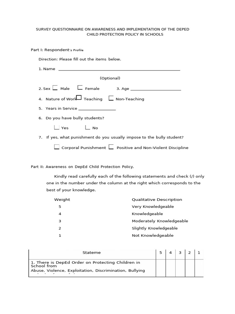 Survey Questionnaire For Deped Child Protection Policy | PDF | Child ...