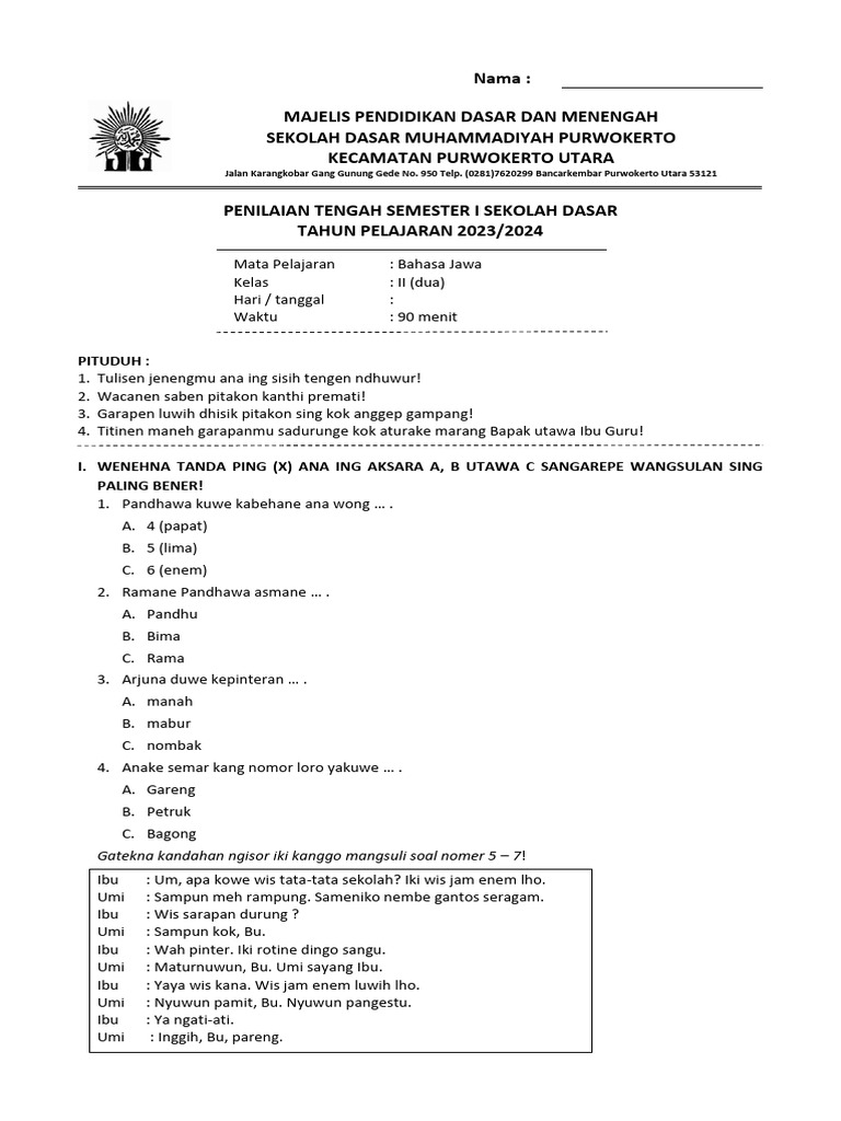 2023 Soal Pts 1 Kls 2 B Jawa | PDF
