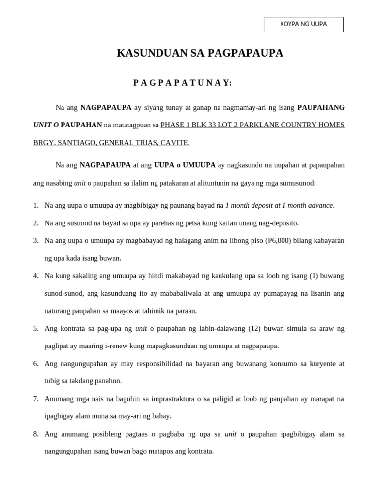 Kasunduan Sa Pagpapaupa | PDF