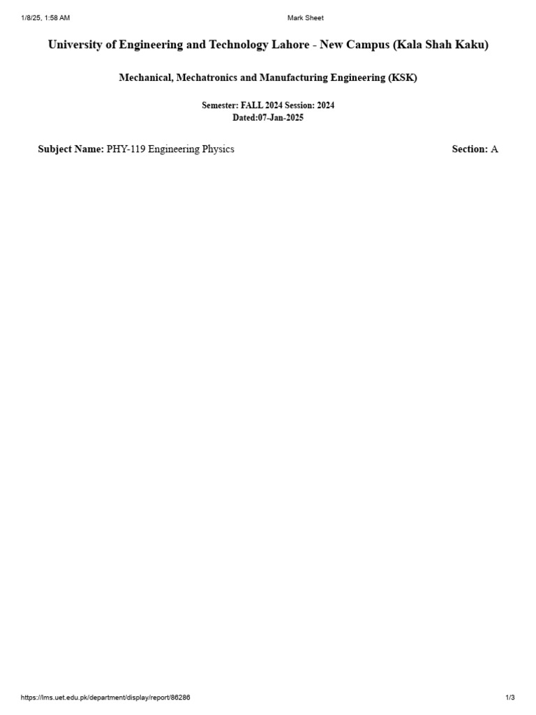 Mark Sheet PHY-119-Section A | PDF