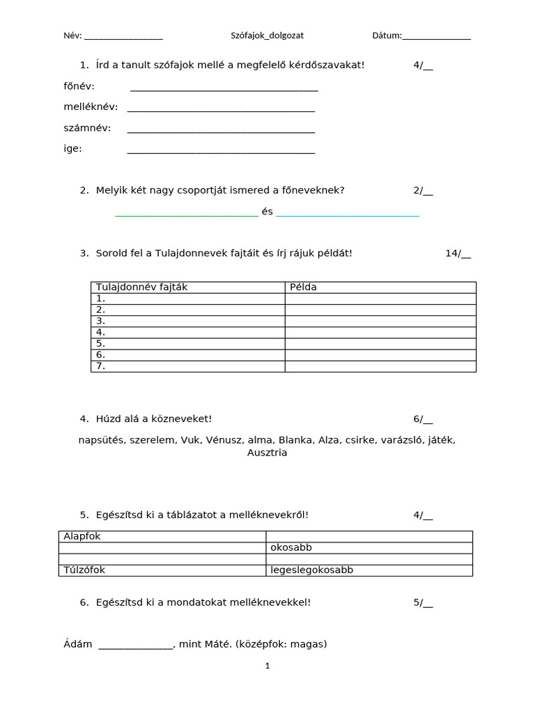 Szófajok Dolgozat | PDF