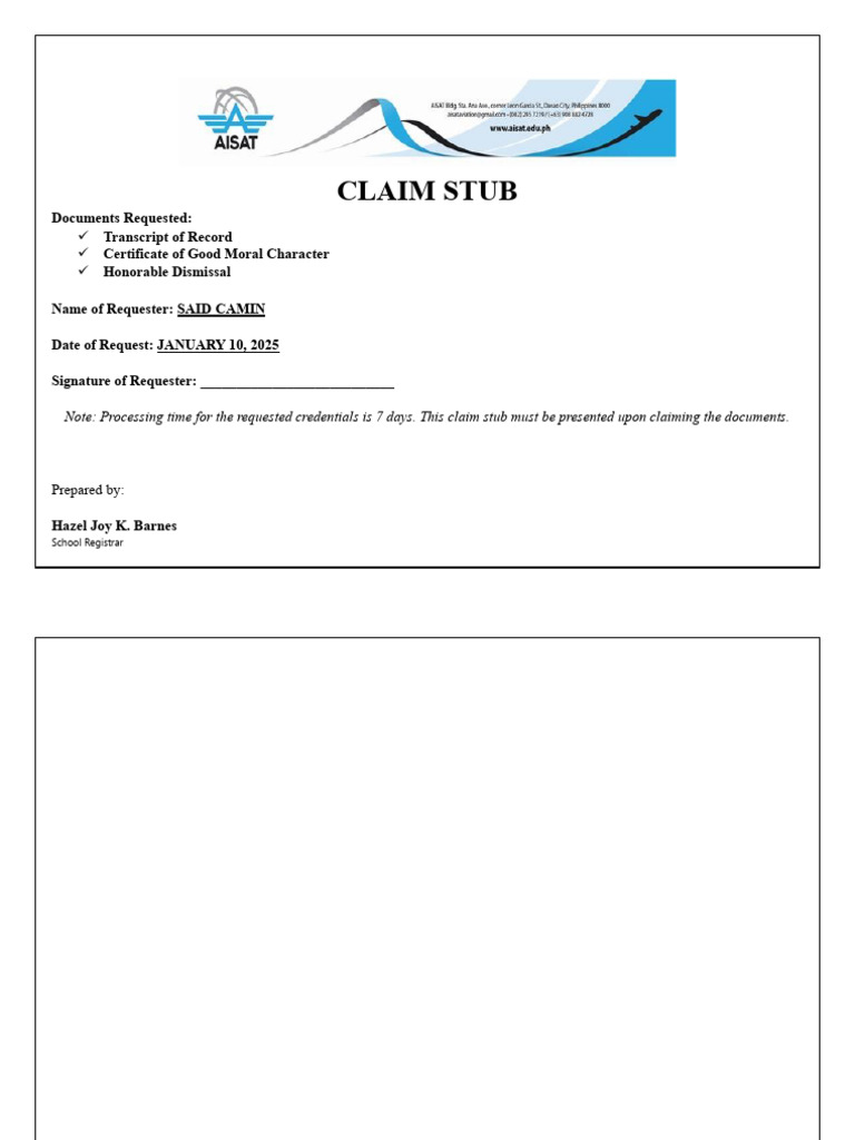 CLAIM STUB | PDF