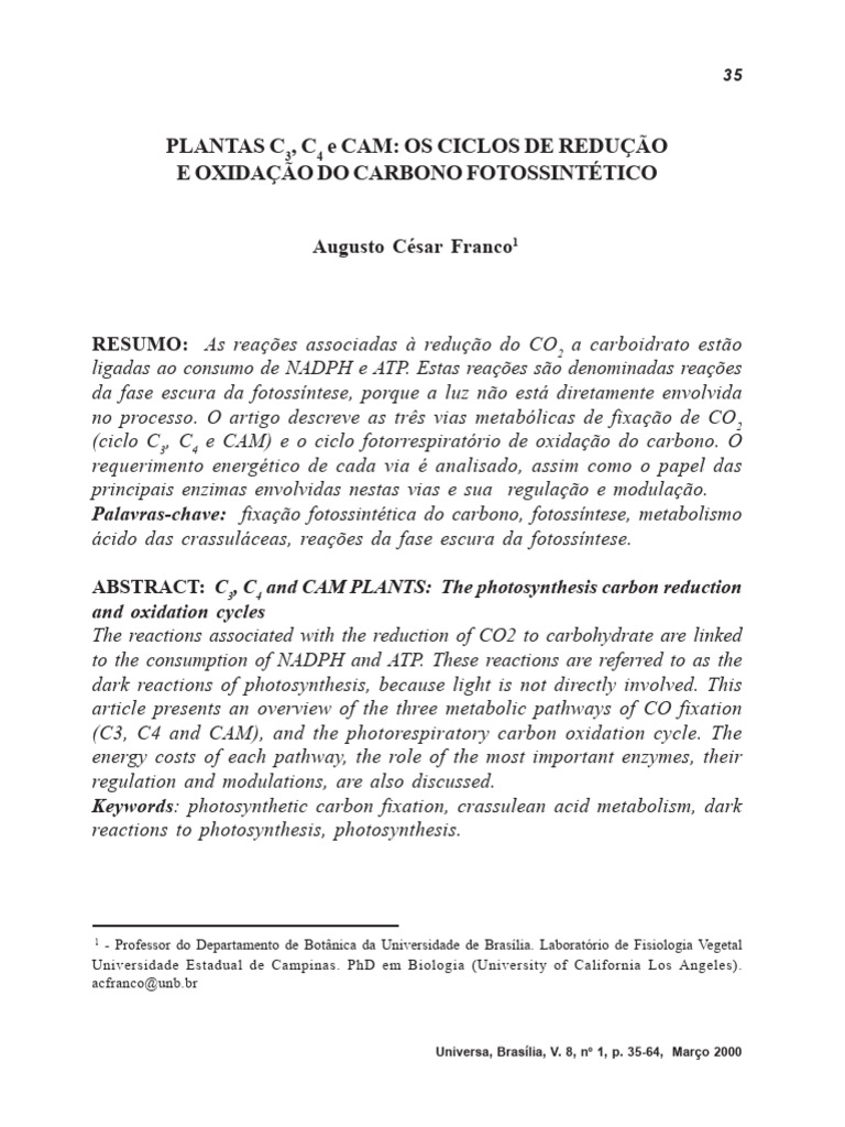 PLANTAS C3, C4 e CAM: OS CICLOS DE REDUÇÃO E OXIDAÇÃO DO CARBONO ...