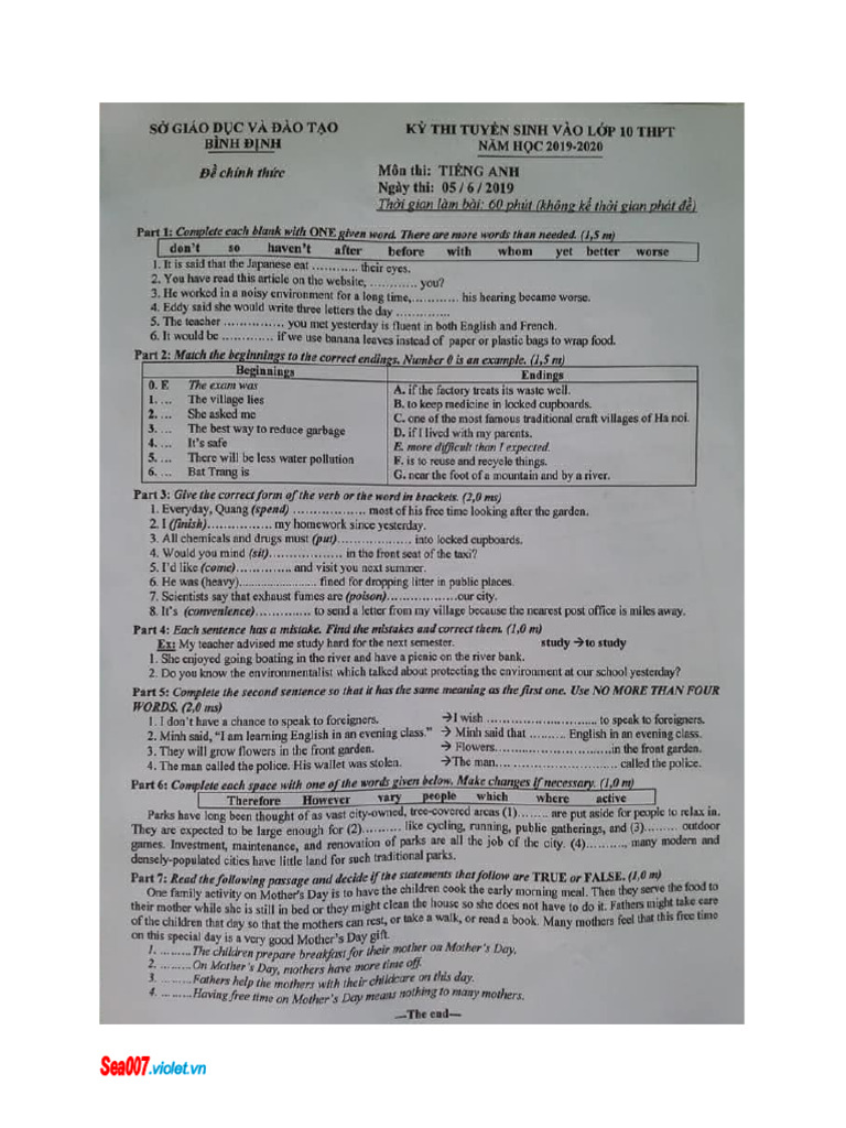 DeHDC Thi Tuyen Sinh Lop 10 Mon Tieng Anh Tinh Binh Dinh 20192020 | PDF