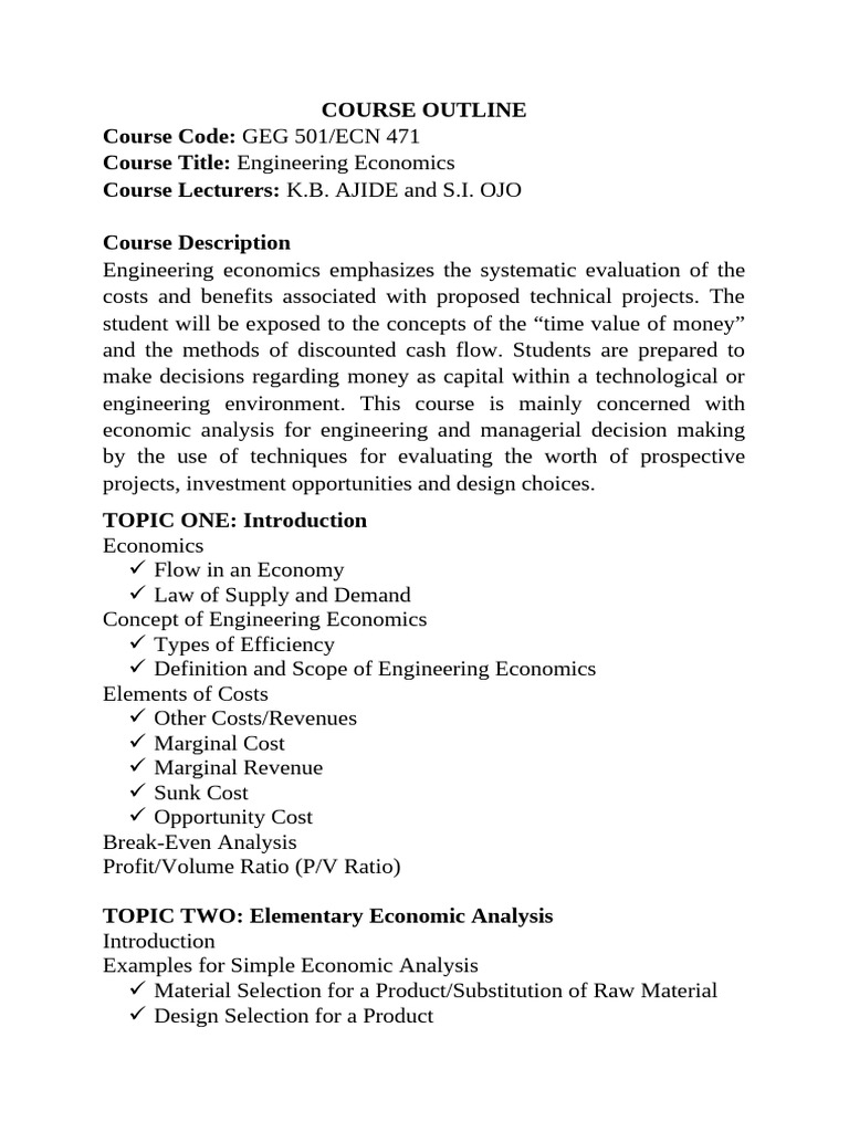 COURSE OUTLINE (Engineering Eco) | PDF | Economics | Interest