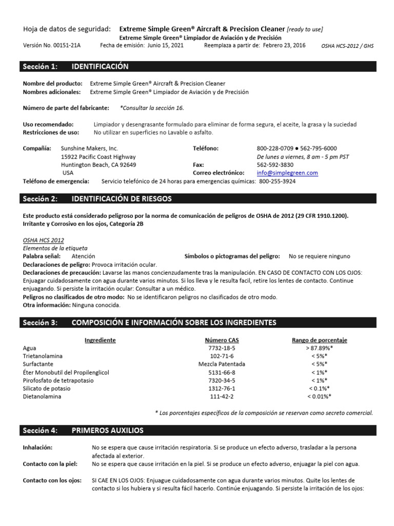 FDS - Simple Green Extreme | PDF | Toxicidad | Agua