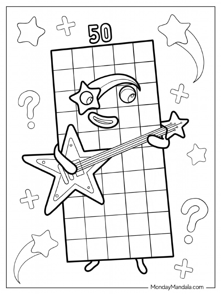 Numberblocks 50 Playing Guitar Coloring Page | PDF