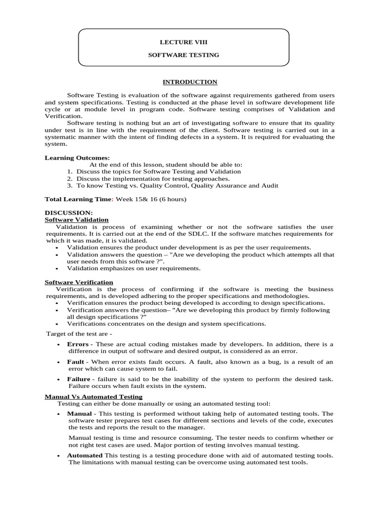 Lecture Viii 1 Pdf Software Testing Verification And Validation