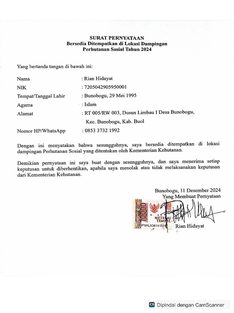 Surat Pernyataan Pendamping Perhutanan Sosial | PDF