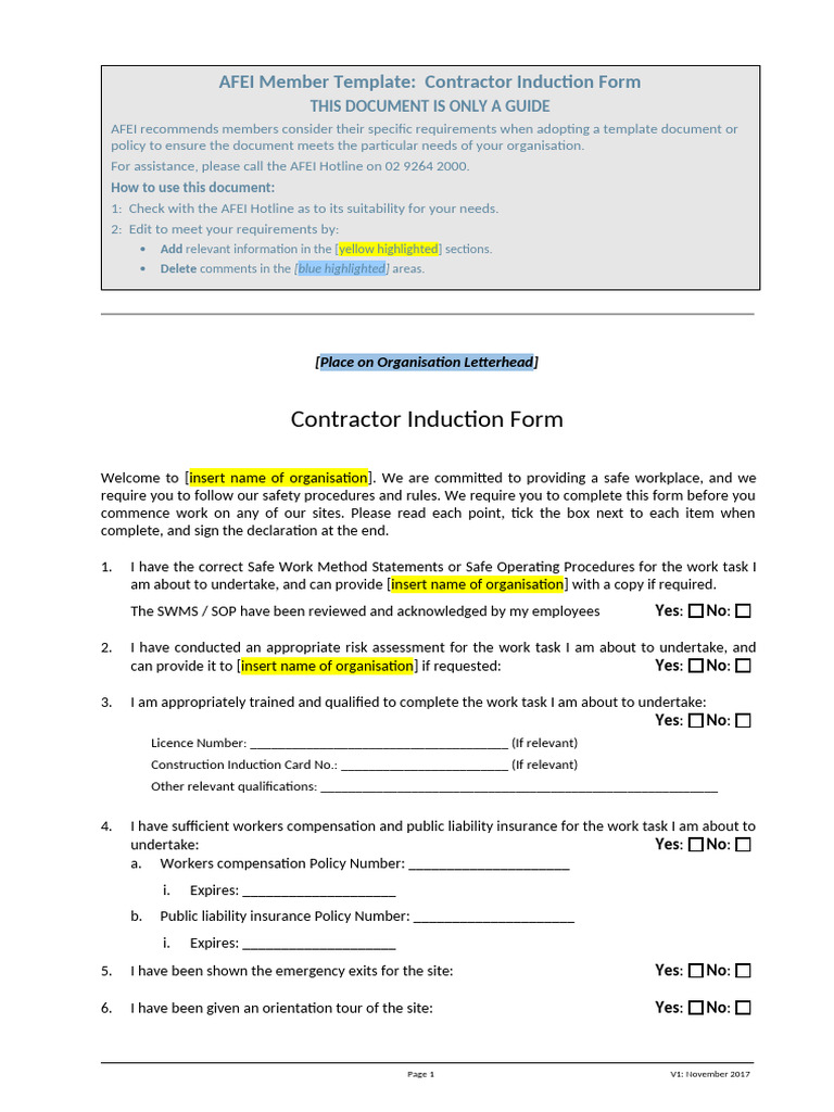 Contractor Safety Induction Form | PDF | Safety
