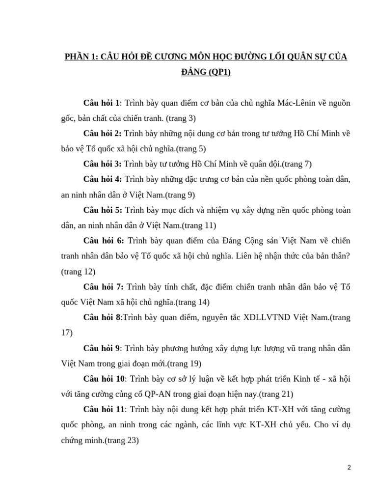 Phần 1: Câu Hỏi Đề Cương Môn Học Đường Lối Quân Sự Của Đảng (Qp1) | PDF