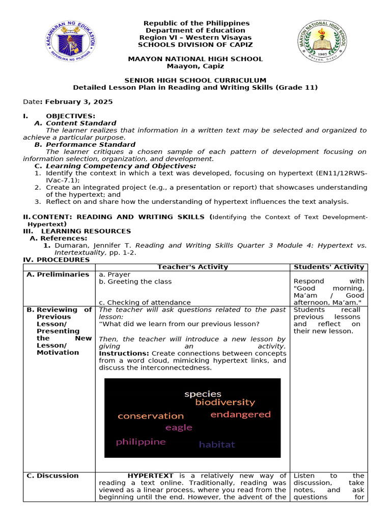 Detailed Lesson Plan in Reading and Writing Module 4 Hypertext | PDF | Hyperlink | Behavior ...