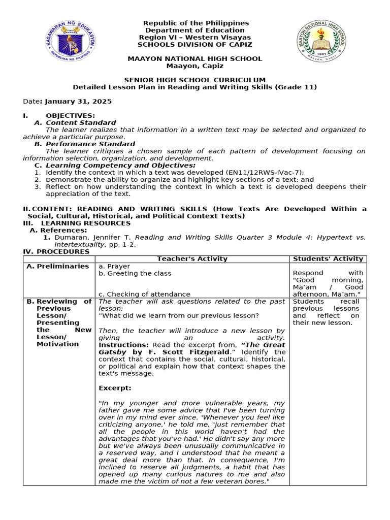 Detailed lesson plan in reading and writing; How Texts Are Developed ...