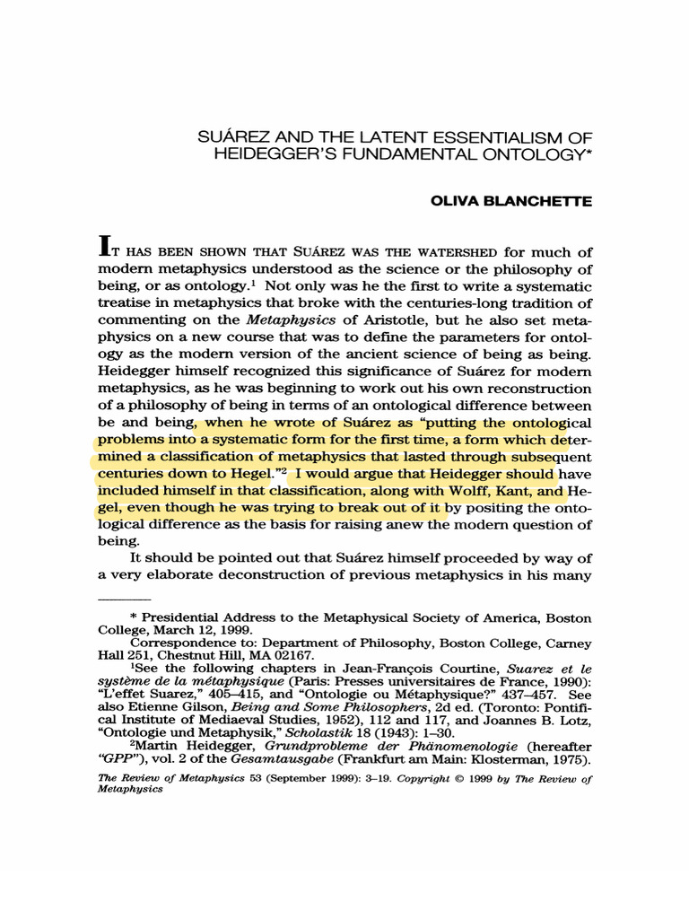 Blanchette - Suarez and Essentialism of Heidegger | PDF | Essence | Metaphysics