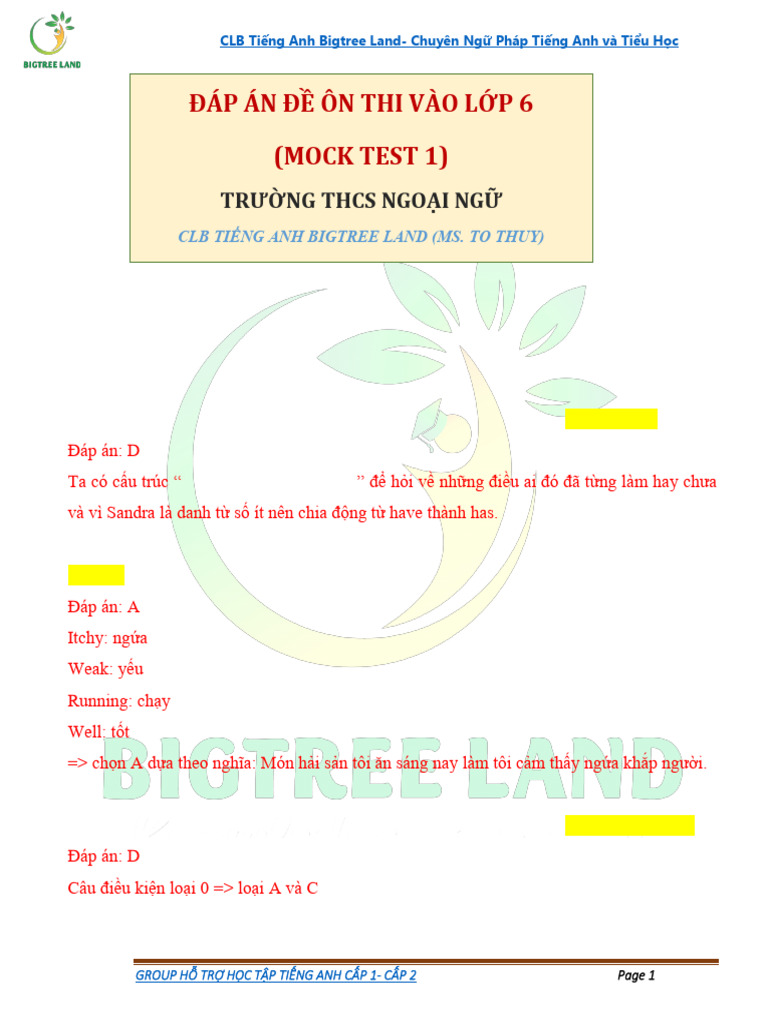 ĐỀ MINH HỌA THI 5 LÊN 6- THCS NGOẠI NGỮ (CHUYÊN NGOẠI NGỮ) - BIGTREE LAND | PDF
