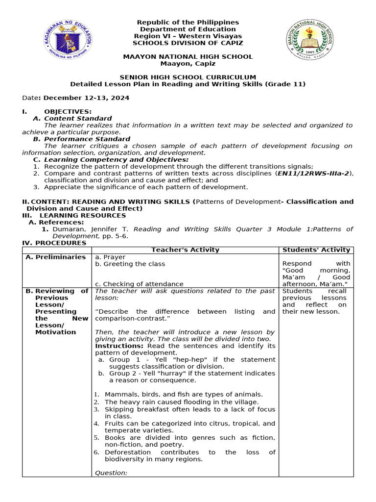 DLP CLASSIFICATION AND Division and Cause and Effect | PDF | Climate ...