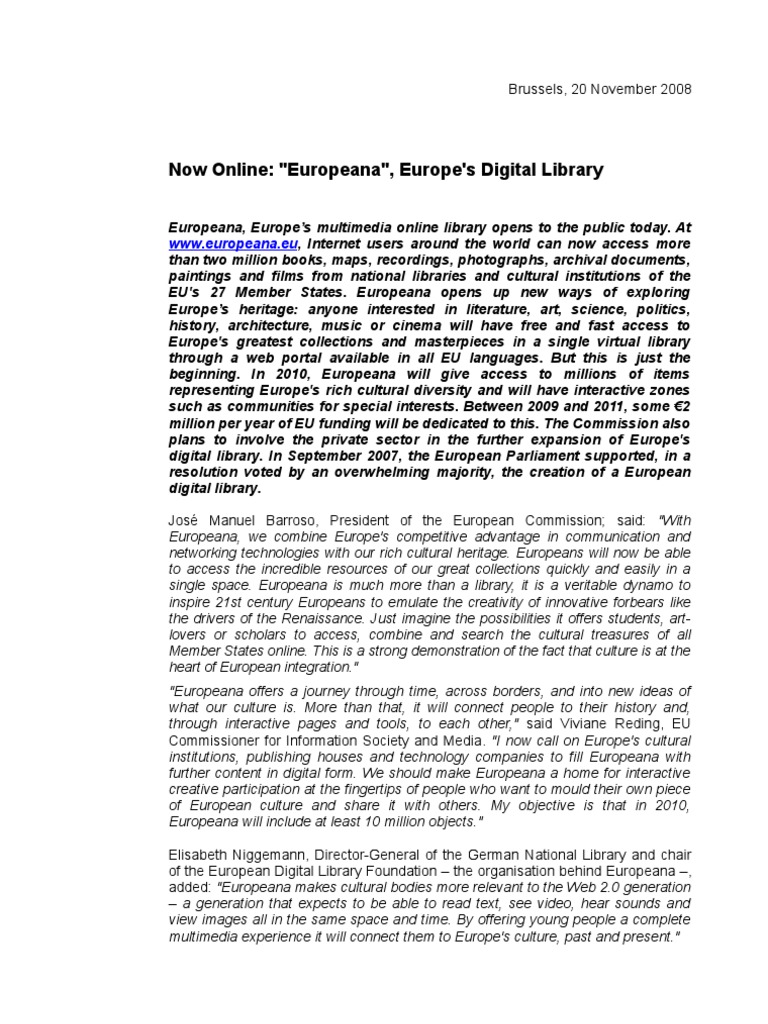 Now Online: "Europeana", Europe's Digital Library | PDF | Communication ...
