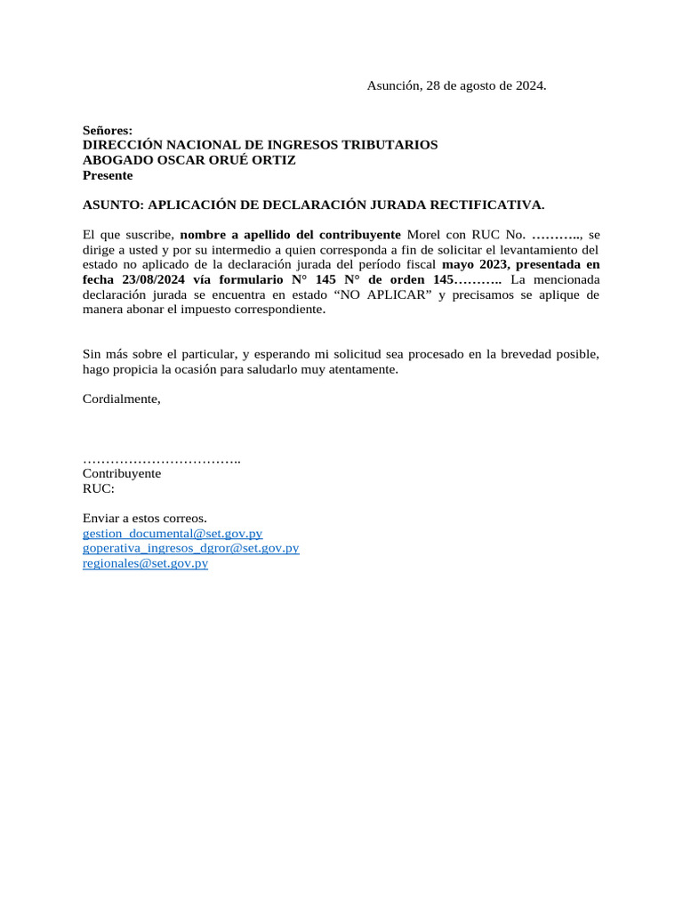 Modelo Nota de Solicitud Aplicacion de DDJJ | PDF