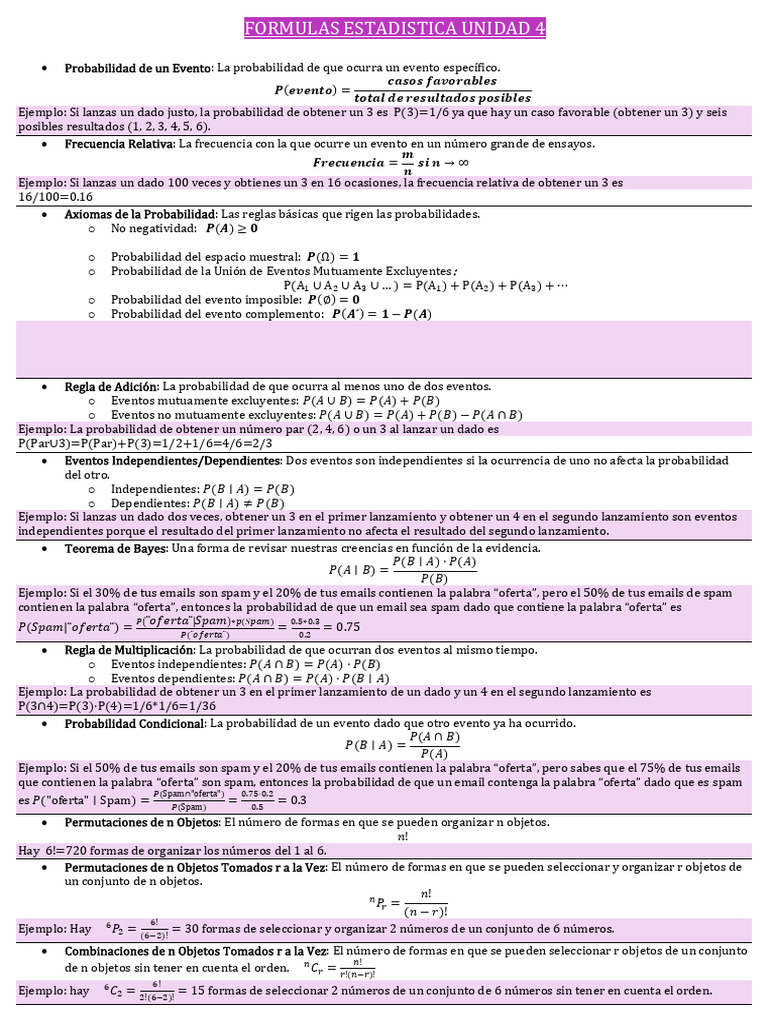 Formulas Estadistica Unidad 4 | PDF | Teoría de probabilidad | Probabilidad