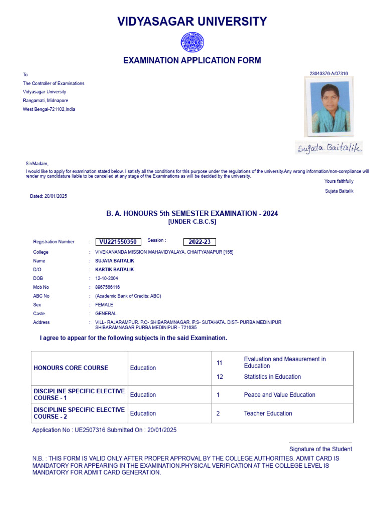 5TH Sem Exam. Form Fill Up 2024FVH | PDF