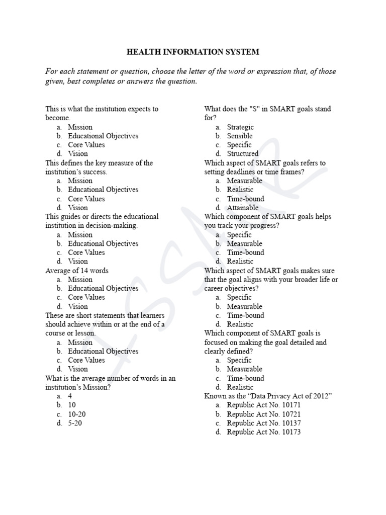 ISSAUR Health Information System Quiz | PDF | Goal | Clinical Medicine