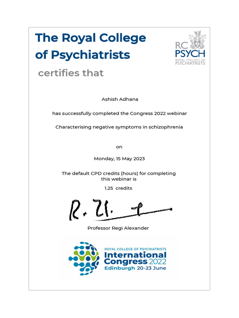 Certificate for Characterising negative symptoms in schizophrenia | PDF