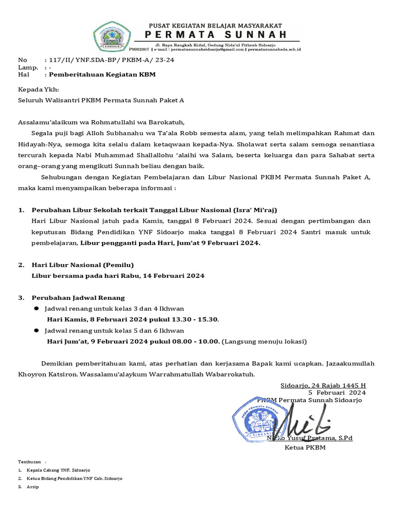 Surat Pemberitahuan Libur Bersama | PDF