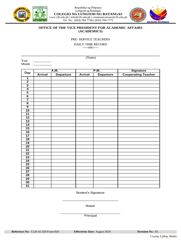 CLB ACAD Form 026 - Daily Time Record PST | PDF