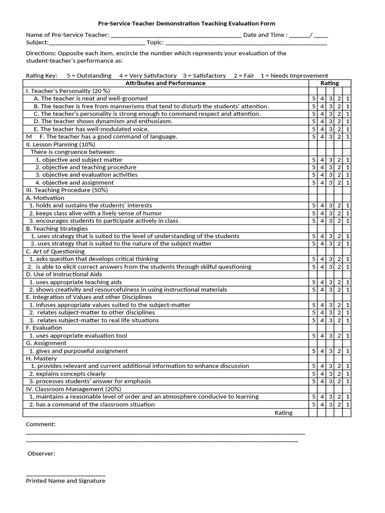 Pre-Service Teacher Evaluation Form | PDF | Teachers | Classroom Management