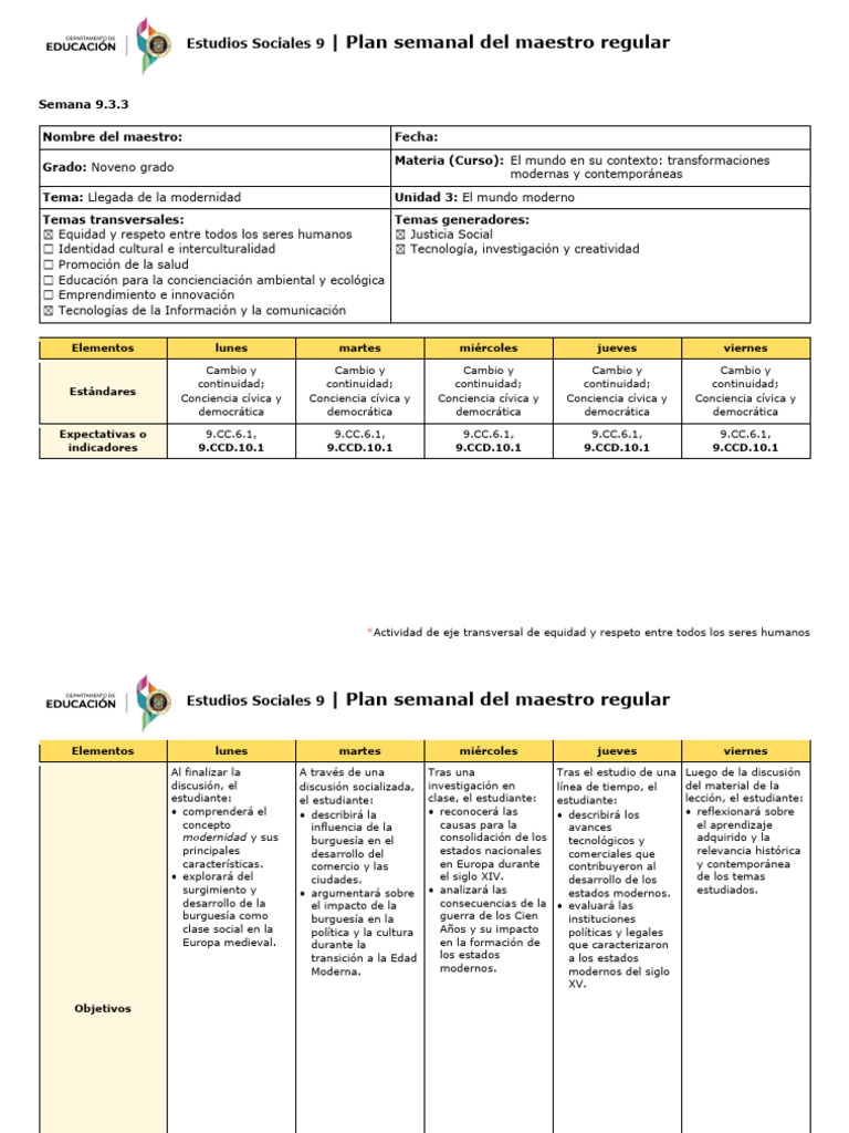 Plan de Estudios Sociales 9° Grado | PDF | Modernidad | Edades medias