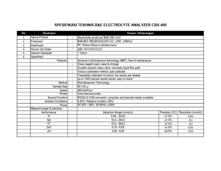 Electrolyte Analyzer CBS-400 Specs | PDF